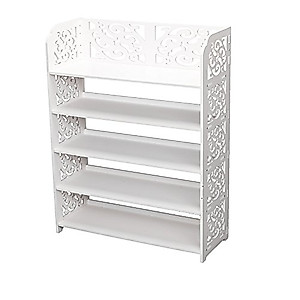 LeeMas White Wood Plastic Shoe Cabinet Carved Shoe Rack White Chic Hollow Shoe Tower Baroque Free Standing Shoes Storage Organizer Closet Shelves Holder Container (24.41 x 9.45 x 31.5), 5 Tiers