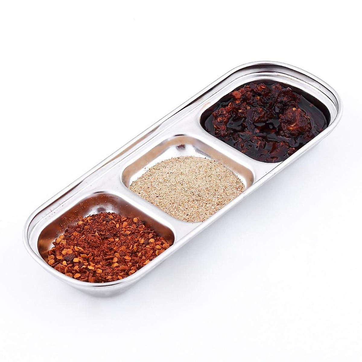 Stainless Steel Sier Sauce Dish Seasoning Dish Snack Plate Divided Food Dipping Bowl Kitchen Tableware for Salt Vinegar Sugar(3 Grids)