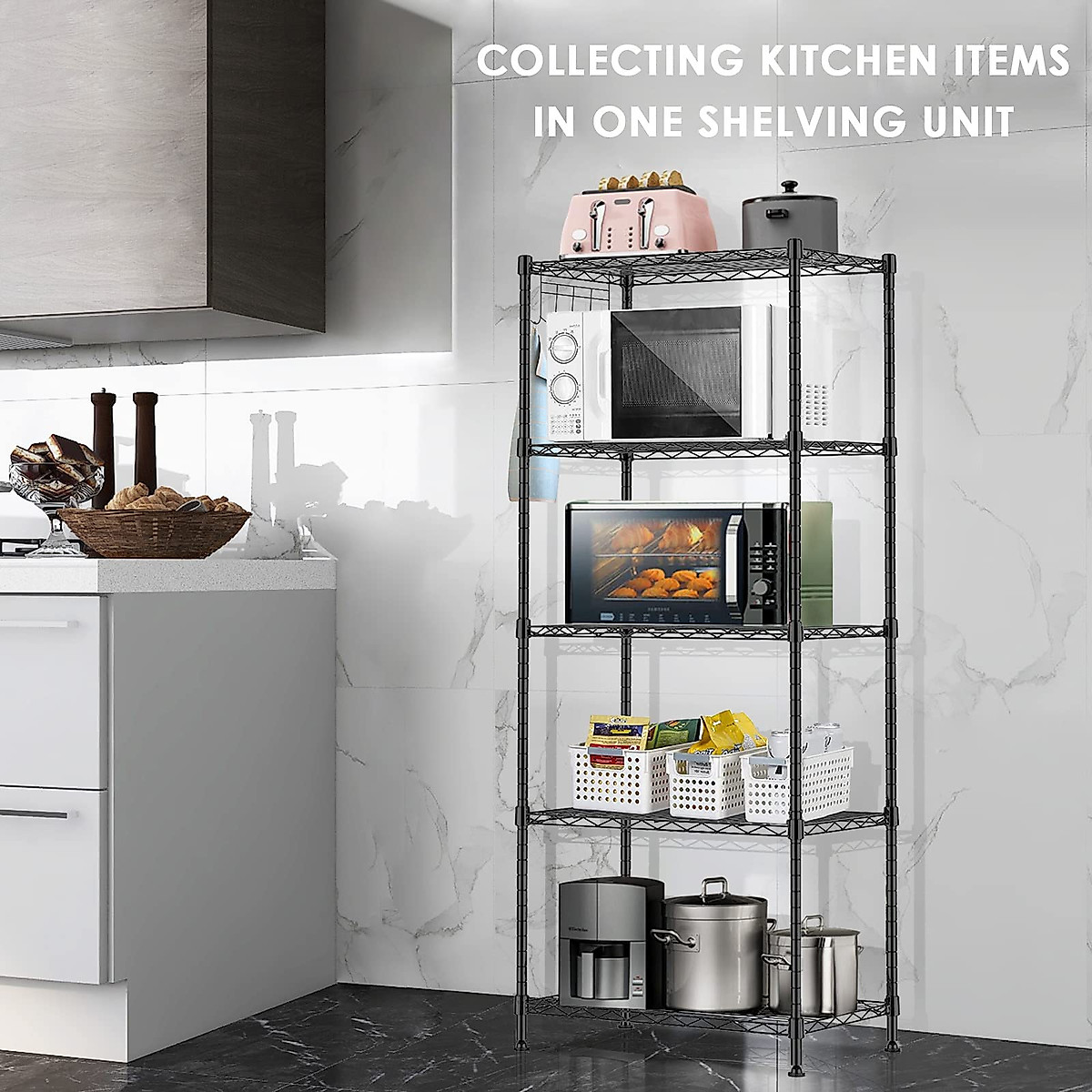 5 Tier Changeable Wire Shelving Rack, Adjustable Metal Shelves for Storage, 5 Tier Black Shelving Unit with Leveling Feet, 11.5"D x 21"W x 59"H, 550Lbs Capacity, For Kitchen, Pantry, Garage, Laundry