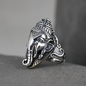 Retro Vintage 925 Sterling Silver Hindu Elephant Lord Ganesh Ring Ganesha Jewelry for Men Women Size 11