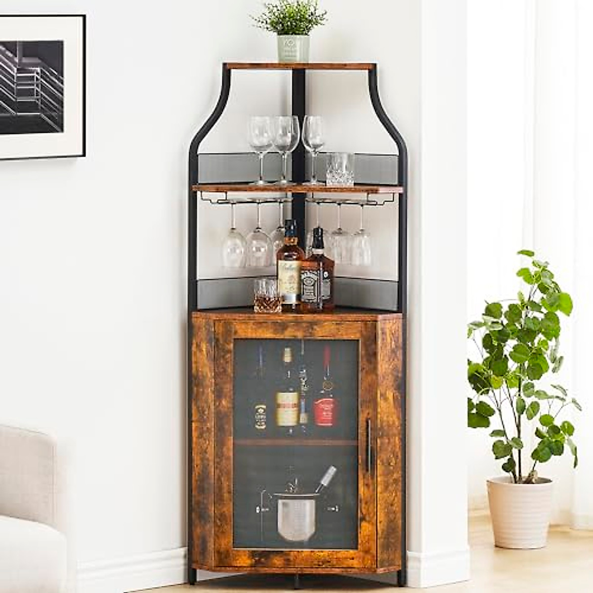 Amyove Corner Wine Bar Cabinet with Detachable Wine Rack, Industrial Wine Cabinet with Glass Holder, Small Sideboard and Liquor Coffee Bar Cabinet with Mesh Door, ‎Retro Brown