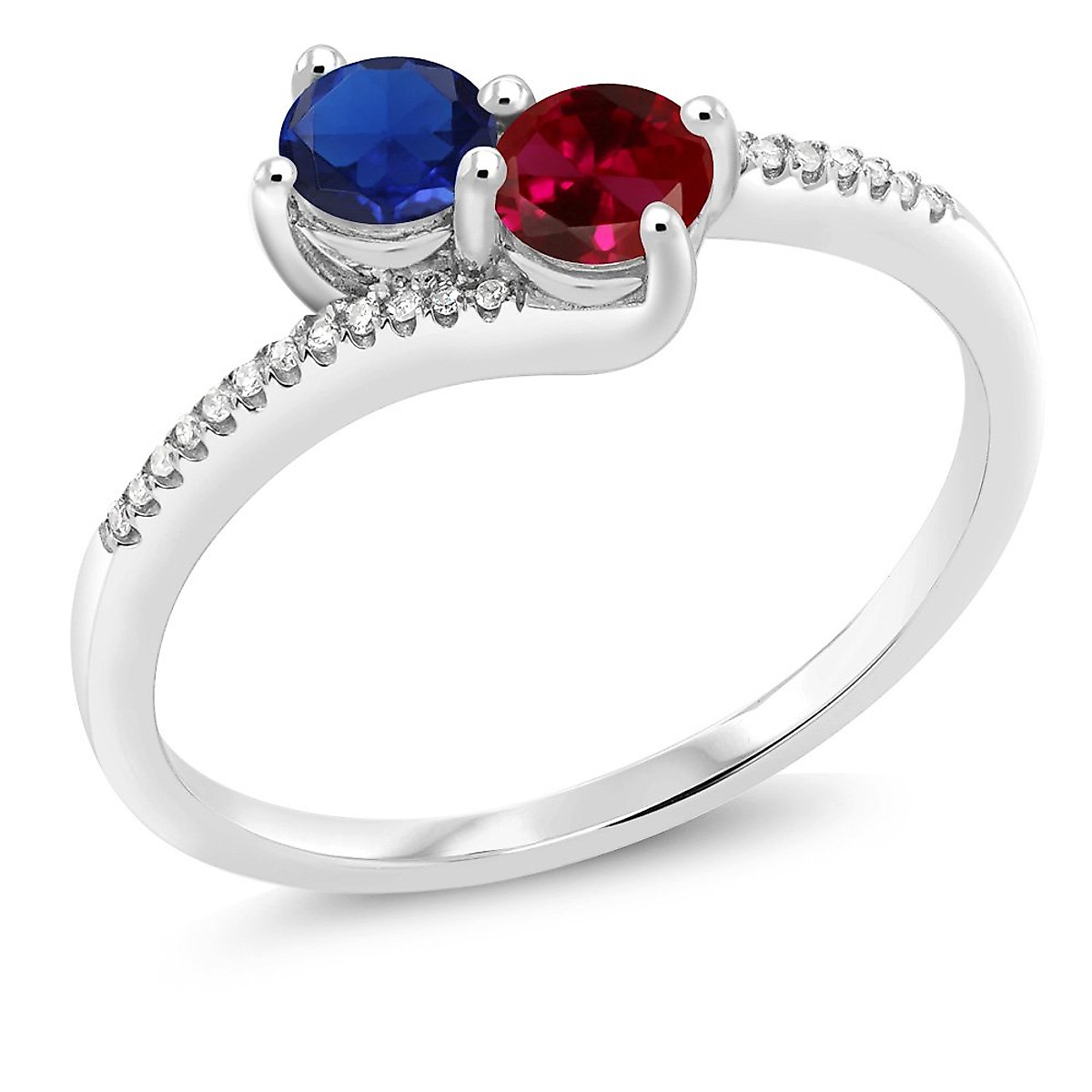 Gem Stone King 10K White Gold Forever United 2 Stone Blue Created Sapphire and Red Created Ruby and Diamond Engagement Ring For Women (0.67 Cttw, Round, Avaiable in Size 5,6,7,8,9)