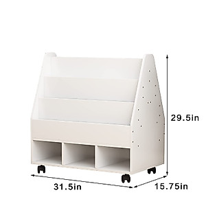 MIN WIN Double Sided Mobile Bookcase Display Stand,4-Shelf Wood Open Book Shelf with 3 Cube Units, Sling Storage Bookshelf Wide Magazine Shelf for Offices, Library,Schools,White