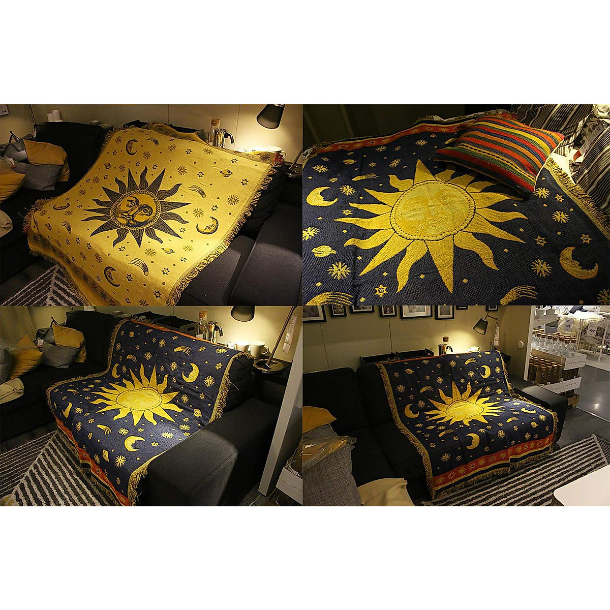 Erke Moon and Sun Throw Blanket Celestial Chair Recliner Cover Bed Spread Hippie Room Decor, Double Sided Cotton Woven Sofa Couch Furniture Aesthetic Throws - 50" X 70", Yellow/Blue