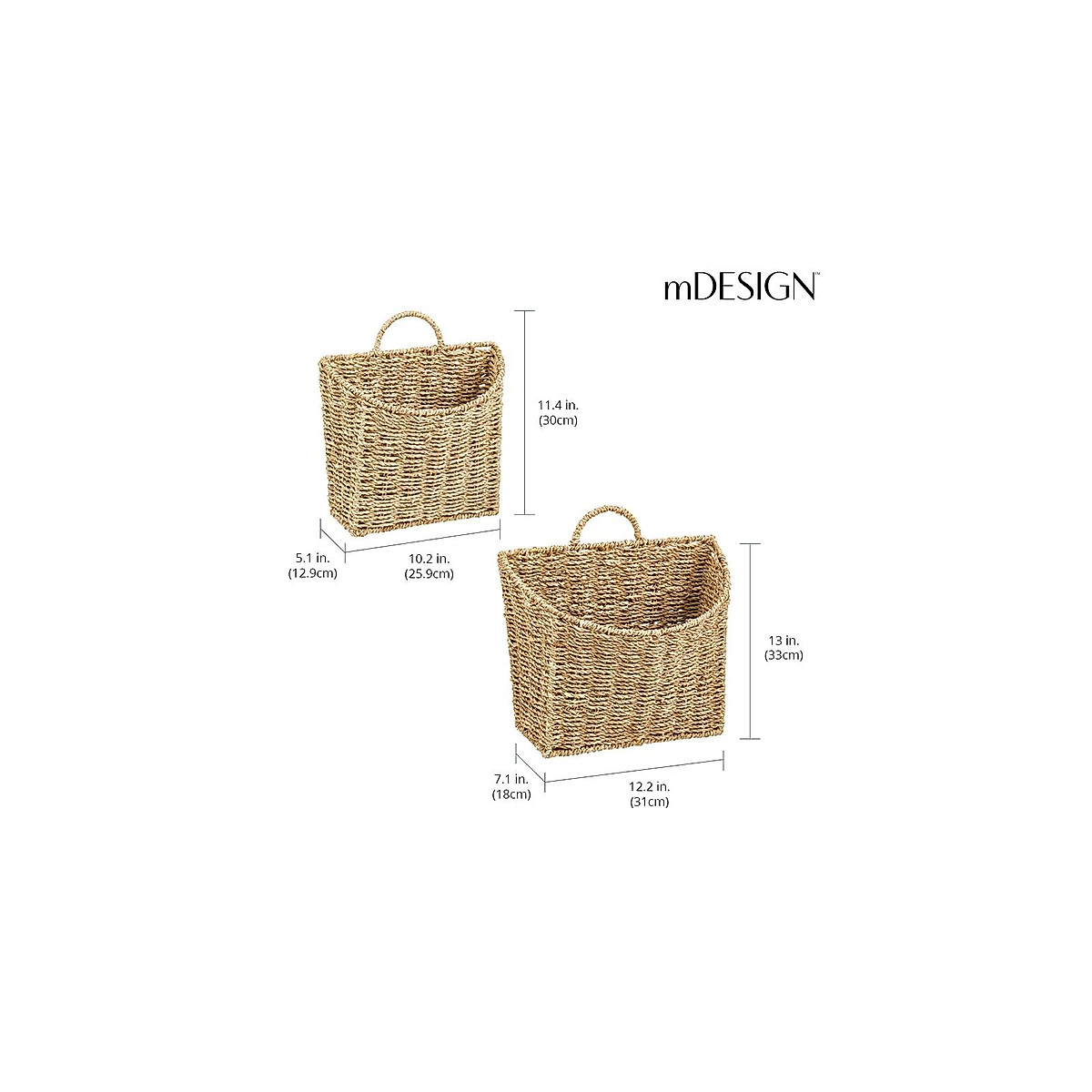 mDesign Woven Seagrass Hanging Wall Storage Basket for Flowers & Essentials, Decorative Boho Mounted Organizer for Pantry, Closet, Bathroom, and The Door - Set of 2 - Natural