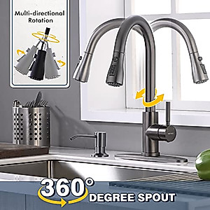 Black Stainless Kitchen Faucet with Pull Down Sprayer WEWE, Single Handle Commercial Modern RV Laundry Stainless Steel Sink Faucet with Soap Dispenser