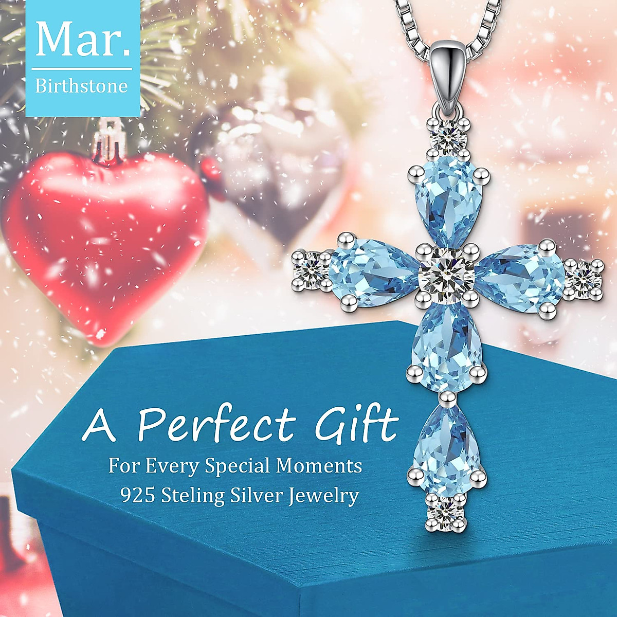 FULULAY Cross Necklace For Women,Sterling Silver Jesus Christian Religious March Birthstone Jewelry