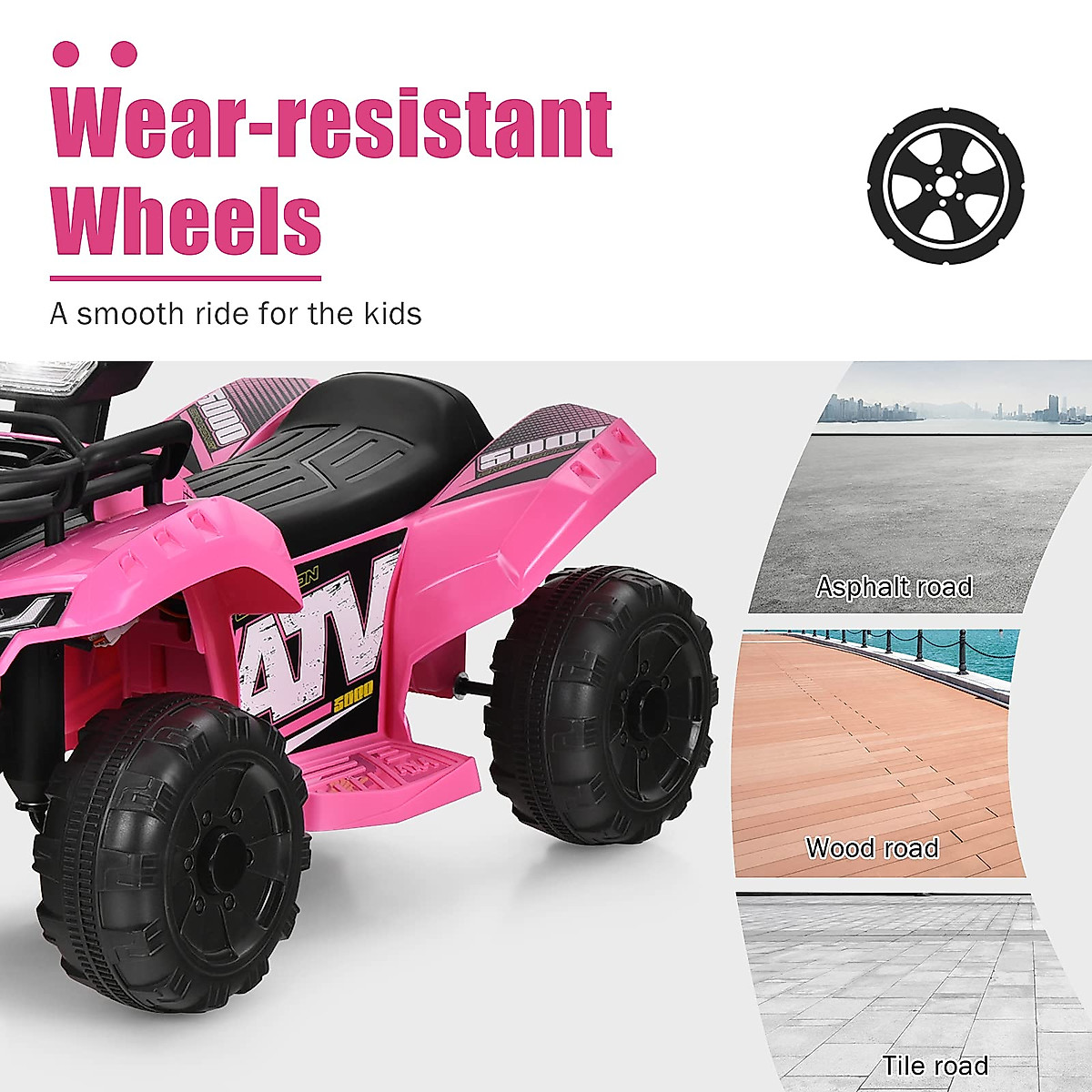 Costzon Kids ATV, 6V Battery Powered Electric Vehicle Four Wheeler Quad w/Storage Basket, Headlight, Horn, Music, MP3 & USB, Toddler 4 Wheeler Ride on Car Toy for Boys Girls 18-36 Months (Pink)