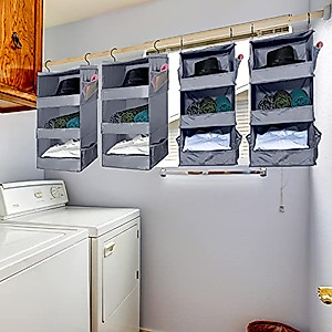 4 Pieces 3 Shelf Hanging Closet Organizer Collapsible Closet Hanging Shelves Gray Closet Shelves with Side Pocket for Bedroom Living Room Baby Nursery Camper Accessories, 28 x 11.8 x 11.8 Inch