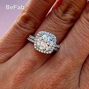BeFab Cz Bridal Ring Set Accented Round Halo Engagement Ring Matching Half Eternity Wedding Band Size 4-10 (Silver, 7)