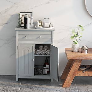 COSTWAY Bathroom Floor Cabinet, Wooden Side Storage Organizer w/Larger Drawer, Adjustable Shelf & 2-Door Cupboard, Freestanding Storage Cabinet for Living Room, Kitchen, Entryway (Grey)