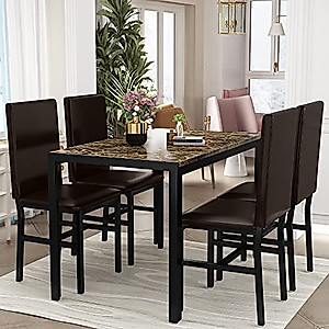 Recaceik Dining Room Table Set for 4 Modern Dinner Table Set for 4 Faux Marble Kitchen Table and Chairs for 4, 5 Piece Dining Table Set w/Leather Upholstered Dining Chairs for Small Spaces