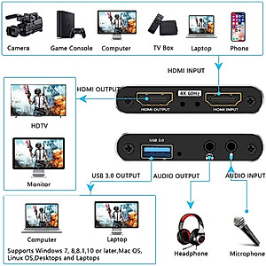Capture Card, 4K HDMI Audio Video Capture Card, USB 3.0 Capture Adapter 1080P 60FPS Video Recorder Device for Game Recording, Works for Nintendo Switch, Streaming Live,Support X-Box/OBS/Camera/PC