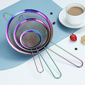 Kyraton Rainbow Fine Mesh Strainer 3 Pieces Set, Copper Flour Sifter For Baking, Stainless Steel Clander, Matcha Tea Strainer, Gravy Separator, Stasher Sieve Pasta Strainers