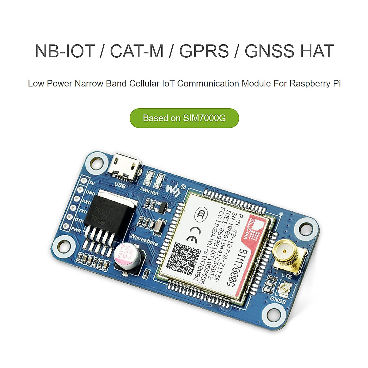 waveshare NB-IoT/Cat-M/GPRS/GNSS HAT for Raspberry Pi, Low Power Narrow Band Cellular IoT Communication Module Based on SIM7000G, Support Protocols TCP, UDP, PPP, HTTP, FTP, MQTT, SMS, Mail etc.