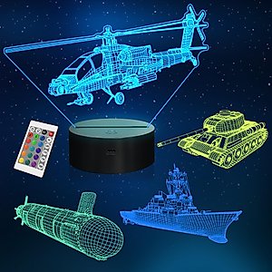 YuanDian Military Weapons 3D Lamp Kits,Navy Gguided Missile Destroyer, Submarine,Tank,Helicopter 3D Night Light for Kids (4 Patterns) with Remote Control & 16 Colors Light