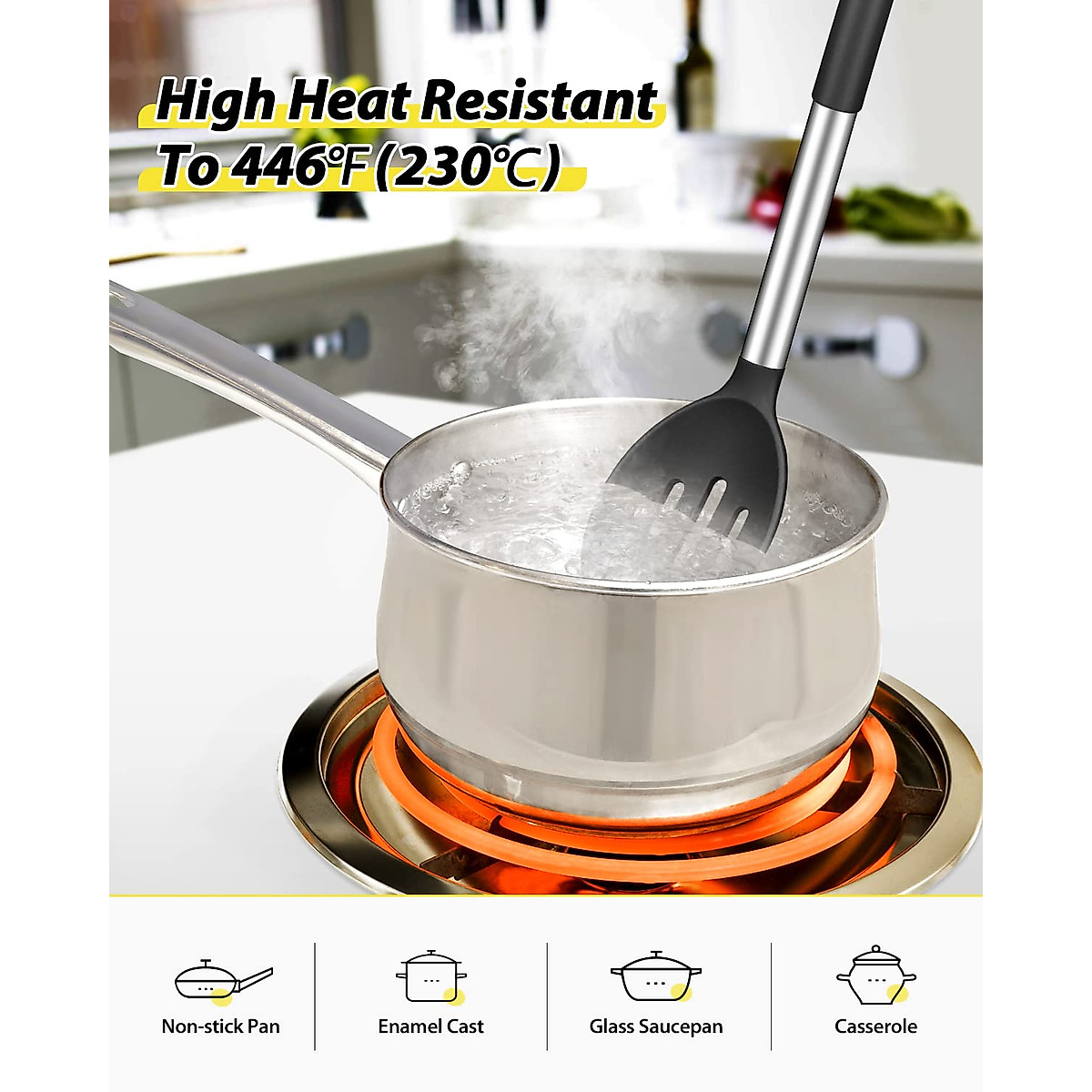 2 Pcs Silicone Cooking Spoons, Solid and Slotted Spoon Set, Non-Stick BPA Free Heat-Resistant Basting Kitchenware for Soup, Serving, Draining, Stirring（Black）