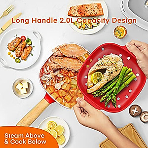 Audecook Hot Pot Electric 2L, Cermic Glaze Non-Stick Frying Pan 8 Inch, Portable Travel Cooker for Ramen/Steak/Fried Rice/Oatmeal/Soup, with Dual Power Control (Silicone Spatula Included)