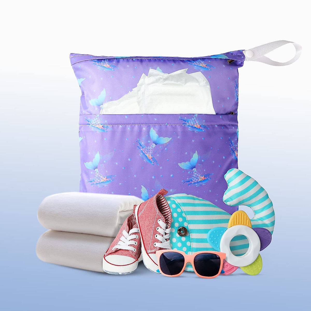 Frienda 4 Pieces Wet Dry Bag for Baby Waterproof Reusable Washable Diaper Bag Sealed with Handle for Travel, Beach, Swimsuit, Diapers, Dirty Gym Clothes and Toiletries (Mermaid)