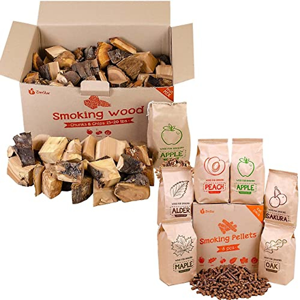 Zorestar Apple Cherry (Fruit Mix) - 13-15lb - Wood Chunks for Smoking and Grilling Smoker Pellets Variety Pack - 100% All-Natural Wood Smoking Pellet - Set of 6 Packs - Oak, Maple, Apple, Peach, Alder