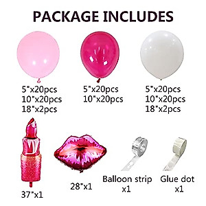 128Pcs Pink Balloon Garland Arch Kit,Hot Pink Baby Pink White Balloons with Heart Lip Lipstick Balloon for Girls Birthday Princess Theme Party Background Bridal Shower Barbie Baby Shower Decorations