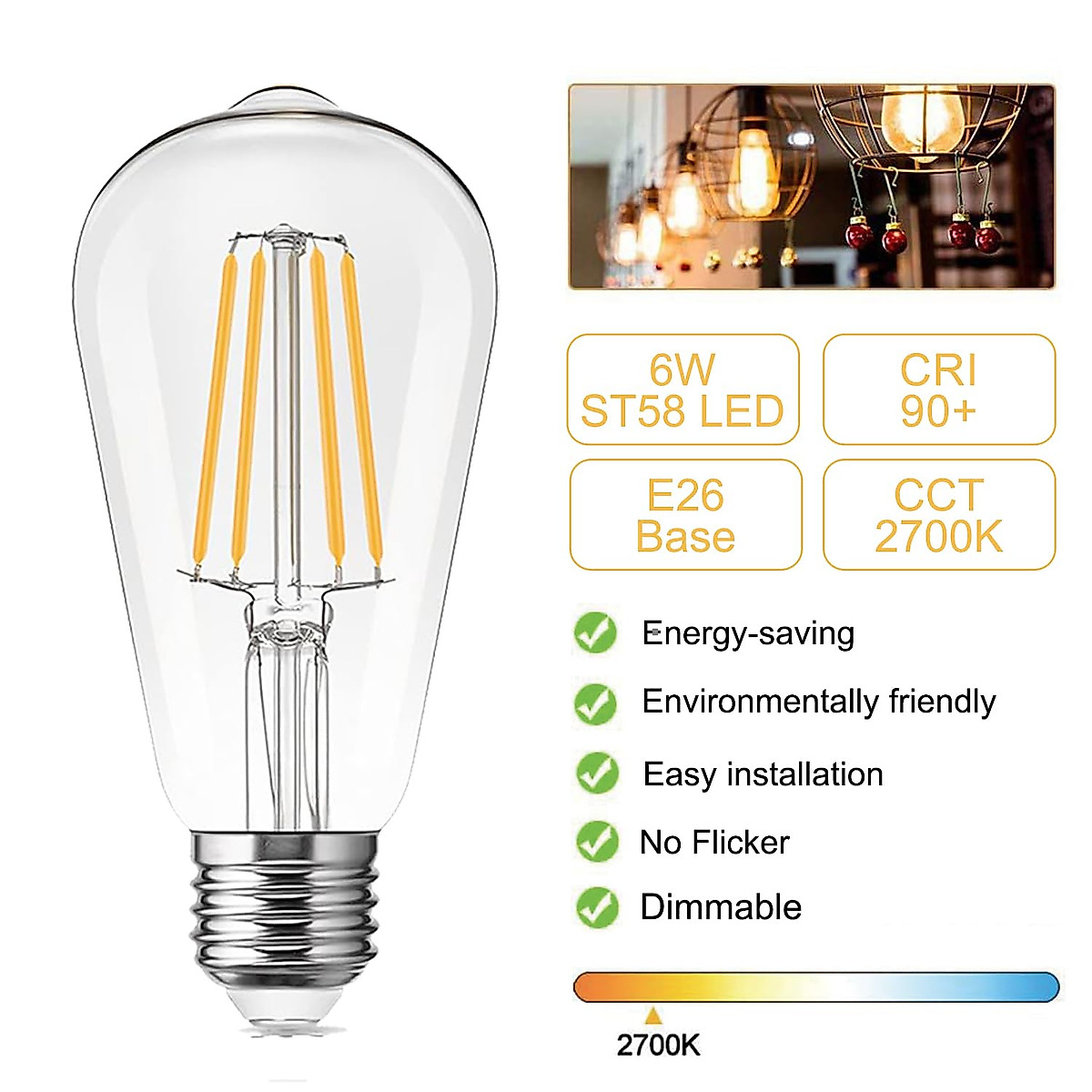 LED Light Bulbs Edison dimmable Bulbs Warm White 2700K Light Bulbs,E26 Base Energy Saving Equivalent 60W Incandescent watt,Antique Glass Style for Home, Bedroom. (2700k Warm White, 4-Pack)