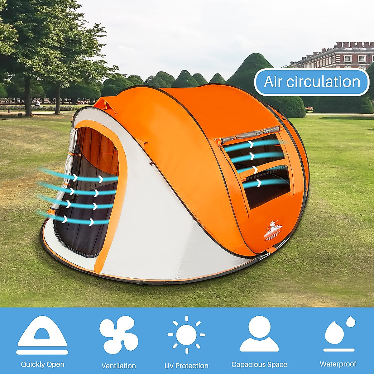 J.M.Deco 3-4 Person Pop Up Tents for Camping with 2 Windows, Backyard Sunny Beach Instant Popup Tent for Family, Hiking Camping Tents 4 People for Backpacking, Easy Setup Tent 110''x70''x50'',Orange