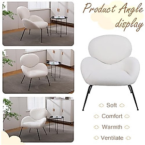 Aimerive Accent Chair, Living Room Teddy Chair Fabric, Modern Upholstered Sherpa Chair with Black Metal Legs, Accent Armchair with Backrest,Comfy Reading Chair for Bedroom,Relaxing,White