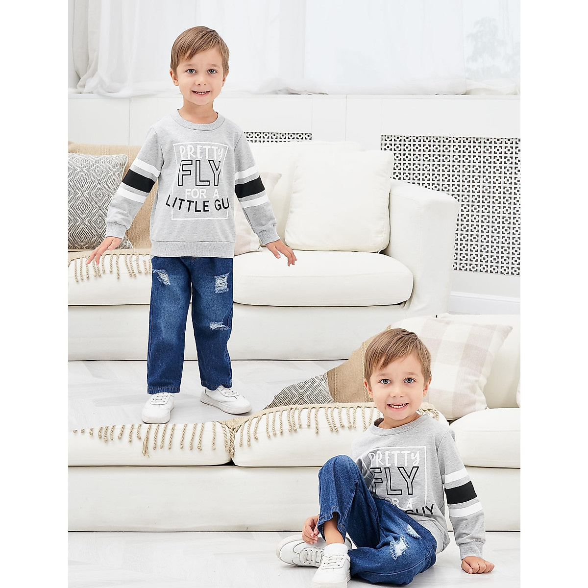 oklady Boy Clothes 5T 6T Long Sleeve Letter Sweatshirts Top and Ripped Jeans Pants Toddler Boys Fall Winter Outfits
