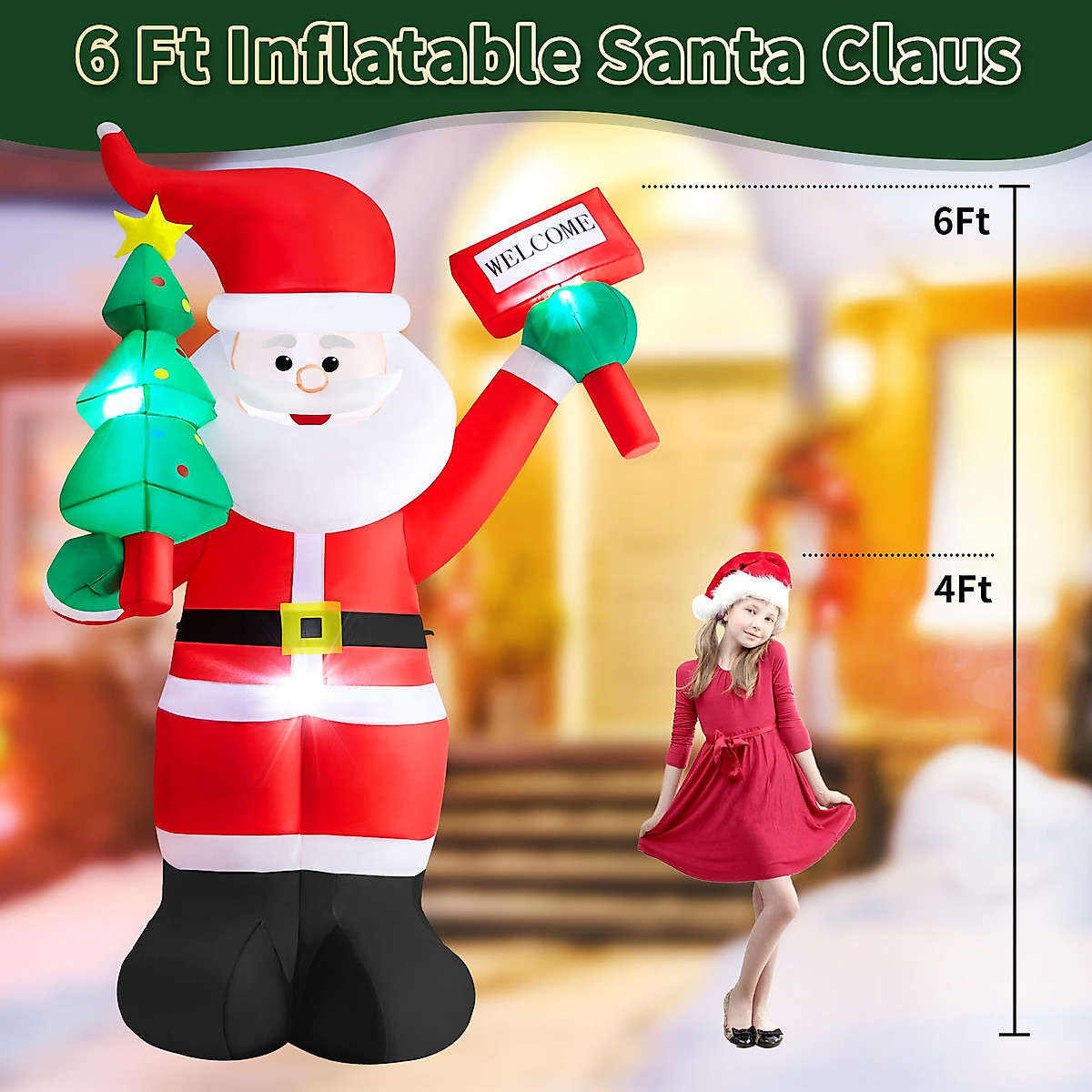 6FT Christmas Inflatables Santa Claus with Welcome Sign and Tree, Outdoor Christmas Holiday Decorations Clearance Blow Up Santa with Built-in 4 LED Lights for Home Party Yard Lawn, Housen Solutions