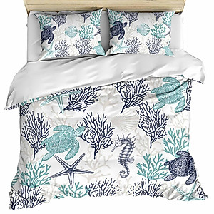 Lsrtoss Teal Blue Coastal Queen Duvet Cover Set for All Season, Sea Turtle Nautical Coral Summer Beach Microfiber 3 Piece Bedding Set with 2 Pillowcases & 1 Quilt Cover, 90" W x 92" L, Queen Size