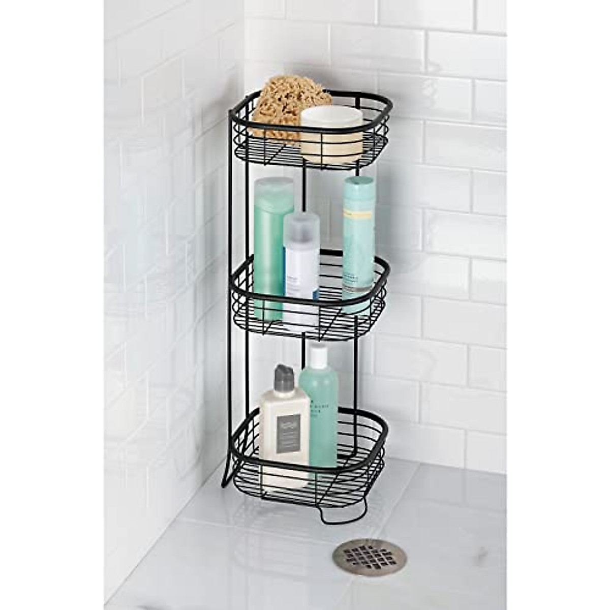 mDesign Square Metal Bathroom Shelf Unit - Free Standing Vertical Storage for Organizing and Storing Hand Towels, Body Lotion, Facial Tissues, Bath Salts - 3 Shelves, Steel Wire - Matte Black