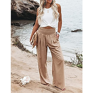 Hooever Women's Summer Linen Pants High Waisted Wide Leg Palazzo Pant Flowy Lounge Trousers (Khaki-S)