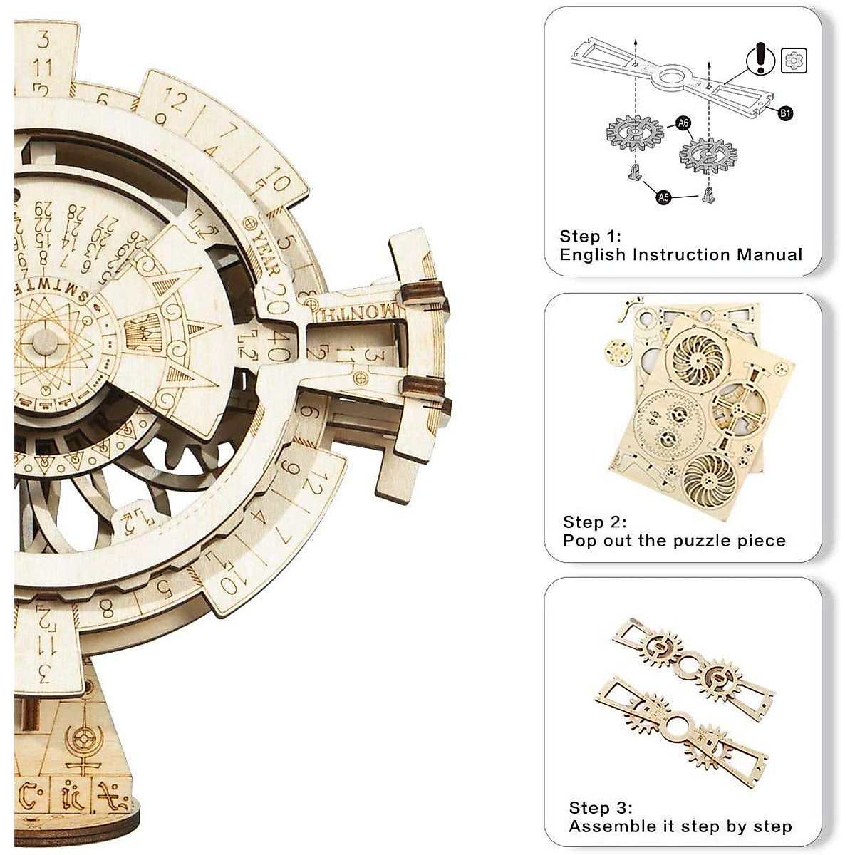 ROKR 3D Wooden Perpetual Calendar Puzzle,Mechanical Gears Toy Building Set,Brain Teaser Games,Engineering Toys,Family Wooden Craft KIT Supplies-Great Birthday for Husband Wife Adult