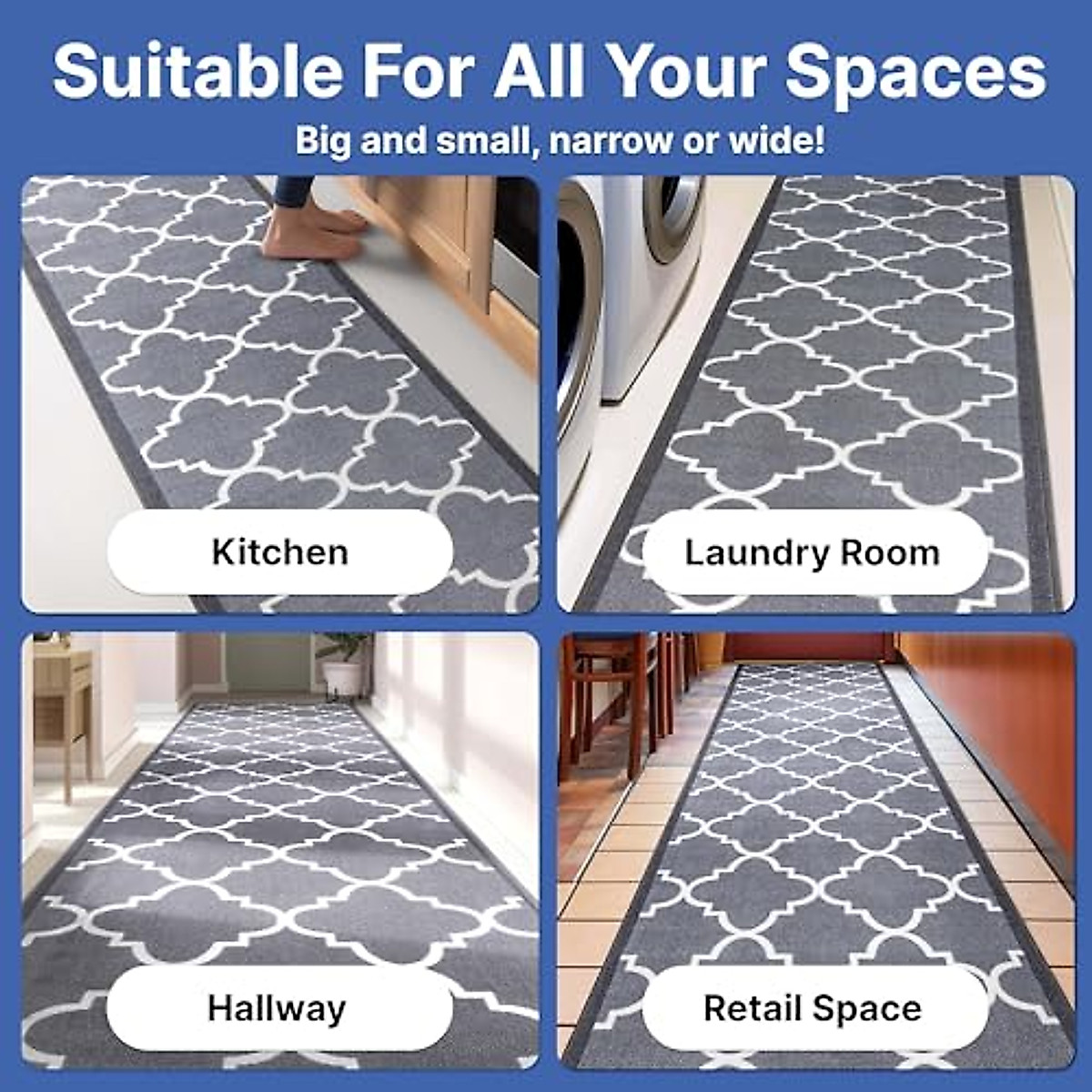 Well Woven Kings Court Brooklyn Trellis Grey - Non-Slip Rubber Backed Moroccan 2x7 Runner Rug - Hallway, Entryway & Kitchen - Kid & Pet Friendly, Easy-to-Clean, Machine-Washable, Low Looped Pile