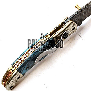 POC-9776 Folding Damascus Steel Hunting Knife with Pocket Clip Sheath
