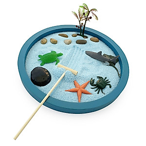 Japanese Zen Garden Mini Kit for Desk - Ocean Beach Theme - Relaxation, Meditation & Mindfulness - Gift for Birthdays, Christmas, Etc. - Includes Rake, Sand, 10+ Accessories! - Tray Diameter 8.5"