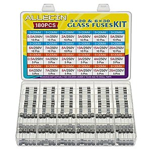 ALLECIN 24 Values 250V Fast Blow Glass Fuses Assortment Kit 0.5A 1A 2A 3A 4A 5A 6A 7A 8A 10A 15A 20A 5X20MM 6X30MM 0.5 1 2 3 4 5 6 7 8 10 15 20 Amp 250 Volt Quick Tube Fuse Set