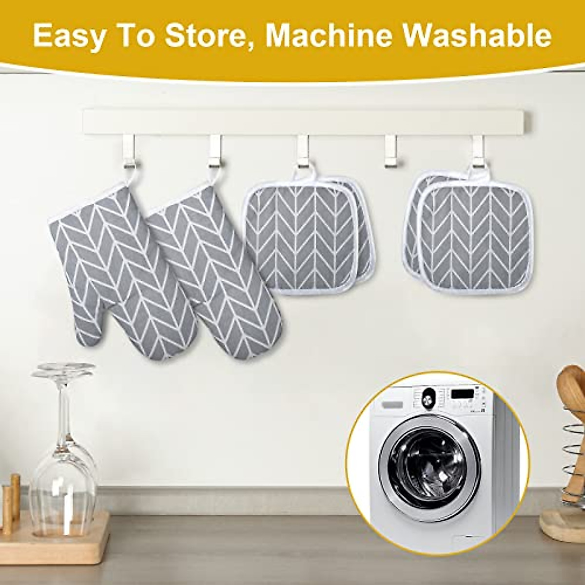 AUAUY Oven Mitts and Potholders BBQ Gloves-Oven Mitts and Pot Holders with Recycled Infill Silicone Non-Slip Cooking Gloves for Cooking Baking Grilling (6-Piece Set,Grey)