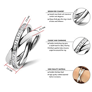 555Jewelry Womens Double Band High Polish Smooth Stainless Steel Interlocking Sparkling Cubic Zirconia Surrounded Fine Fashion Jewelries Friendship Band Rings, Silver Size 7