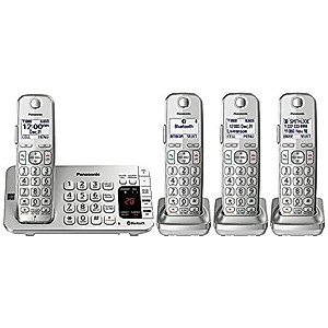 Panasonic Link2Cell Bluetooth Cordless DECT 6.0 Expandable Phone System with Answering Machine and Enhanced Noise Reduction - 4 Handsets - KX-TGE474S (Silver)