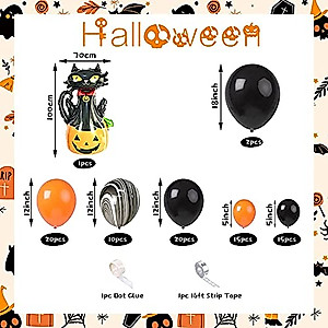 Halloween Balloon Garland Arch Kit, Black Orange Balloon Arch Garland Kit with Foil Cat Pumpkin Balloon and Marble Balloons for Halloween Birthday Anniversary Engagement Graduation Party Decorations