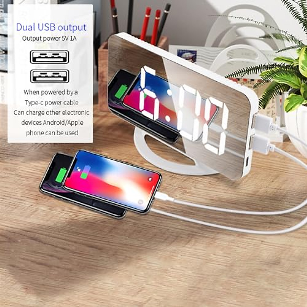 Digital Alarm Clock, 6. 2 Inch LED Mirror Electronic Clocks, Dual USB Charging Port, Snooze Mode Loud Alarm Clock for Heavy Sleepers, Modern Desk Wall Clocks for Bedrooms Living Room Office- White