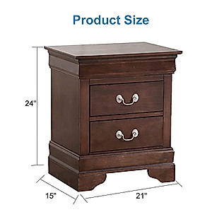 Henf Nightstand with 2 Drawers Traditional Rectangular Side Table, Bedside Table with Metal Ring Handle, Full Assembly Wood Night Stand for Bedroom Furniture, Cherry Brown