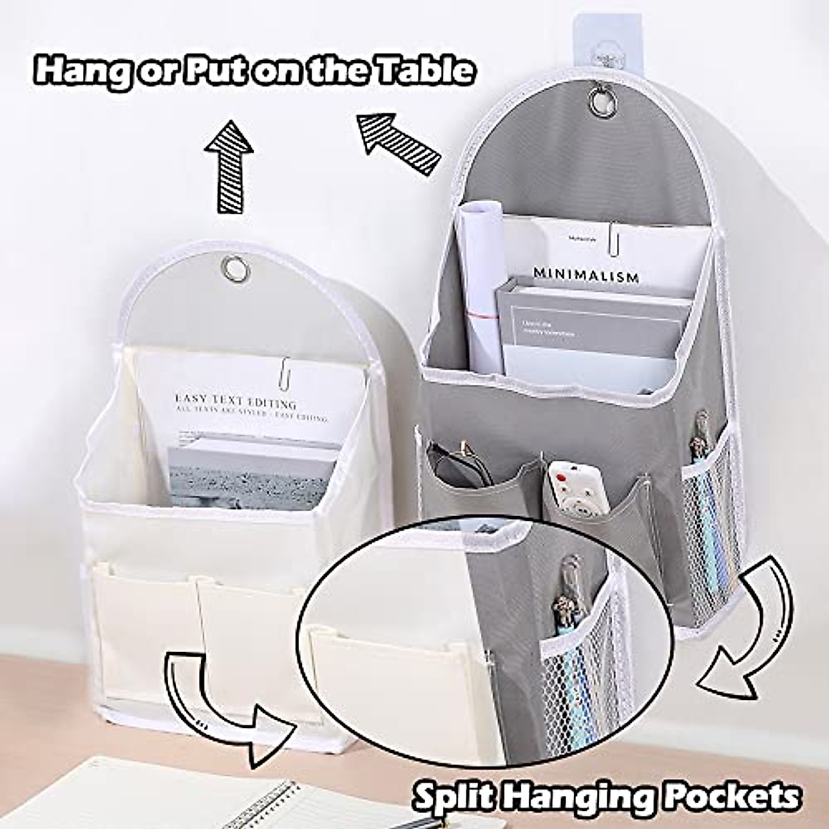 2 Pack Wall Hanging Storage Bag with Pockets, Locker Organizer Basket with Sticky Hook, Fabric Wall Organizer, Waterproof Hanging Bag for Closet Door Bedroom Bathroom Office Home Kitchen(Grey)