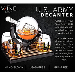 Army Globe Whiskey Decanter Set & 4 Liquor Glasses - US Army Whisky Decanter & Glass Set with Wood Base and 9 Whiskey Stones - Army Gifts for Men - Bourbon and Scotch Decanter – Military Veteran Gifts
