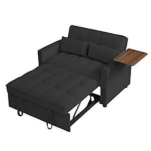 Velvet Pull Out Sofa Bed with Side Table, Convertible Loveseat Sleeper with Tufted Backrest, Modern Futon Couch for Living Room, Bedroom (Black)