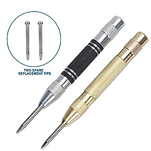 DLJZGC 2 Pack Automatic Center Punch, 5 inch Heavy Duty Steel Spring Loaded Center Punch with Adjustable Impact, Center Hole Punch Tool for Metal Wood Glass Plastic, Two Replacement Tips Included