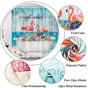 LB Pink Flamingo Shower Curtain Tropical Fish Coral in Bathtub on Beach Shower Curtain Set Blue Ocean Get Naked Shower Curtains for Bathroom Waterproof Washable Fabric with Hooks,72x72 inch
