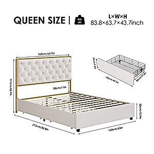 HIFIT Queen Bed Frame with 4 Storage Drawers, Upholstered Queen Platform Bed Frame with Button Tufted Headboard, Heavy Duty Mattress Foundation with Wooden Slats, No Box Spring Needed, Golden & Beige
